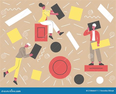 People With Abstract Geometric Shapes Teamwork Concept Business Characters Collecting