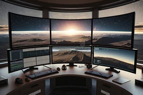 Illustration Computer Desktop With Multiple Monitors And Sky View Ai Generative Stock