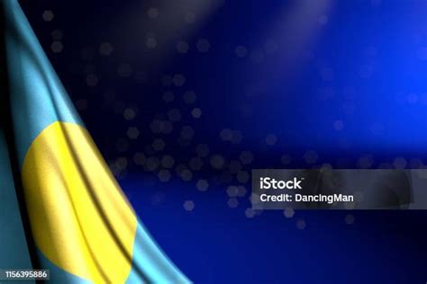 멋진 국가 휴일 플래그 3d 그림 팔라우 플래그의 그림은 부드러운 초점과 내용에 대한 빈 공간과 파란색 모서리에 매달려 3차원 형태에 대한 스톡 사진 및 기타 이미지