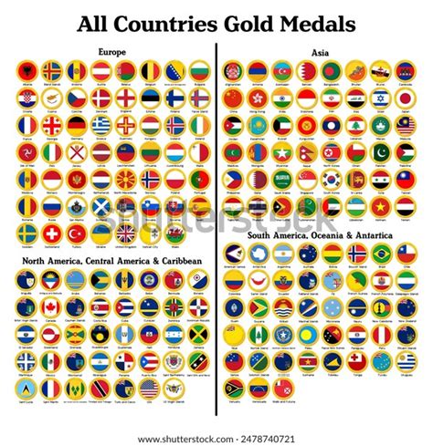 All Countries Gold Medals Set Flags Stock Vector Royalty Free