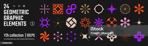 디자인을 위한 벡터 추상 기하학적 그래픽 요소 다양한 형태 레이블 모양 잔혹함에서 영감을 받은 스티커 컬렉션 Y2k 스타일의 기본 피규어 설정 복고풍 미래 자산 세트 5