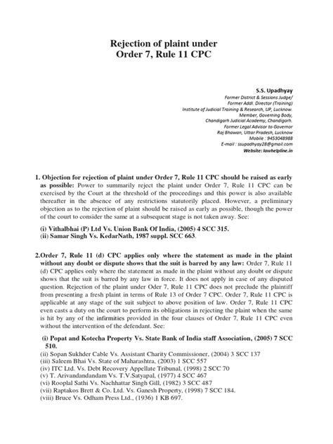 Rejection Of Plaint Under Order 7 Rule 11 Cpc Pdf Lawsuit Federal Rules Of Civil Procedure
