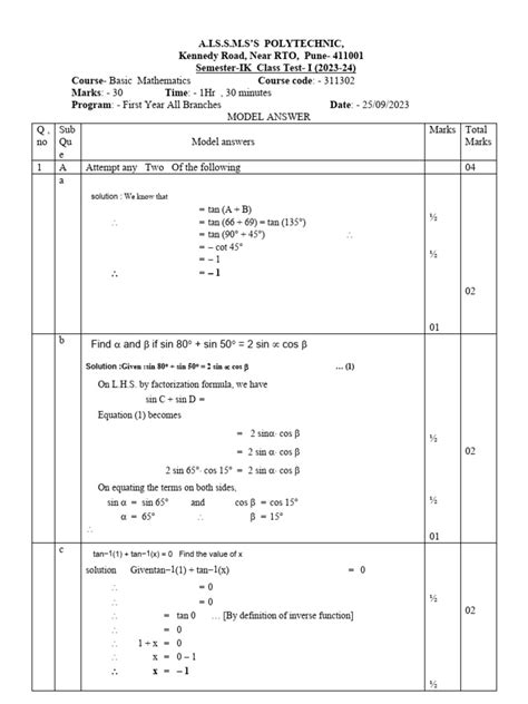 Model Answers Class Test 2 Basic Mathematics Pdf Slope