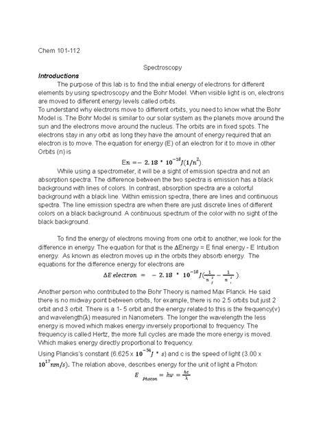 Spectroscopy Lab Report Chem 101 Spectroscopy Introductions The
