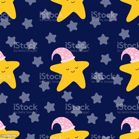 원활한 패턴 귀여운 작은 별이 푸른 배경에 잠자는 모자에서 자고 있습니다 자장가의 주제 아기에 대한 스톡 벡터 아트 및 기타