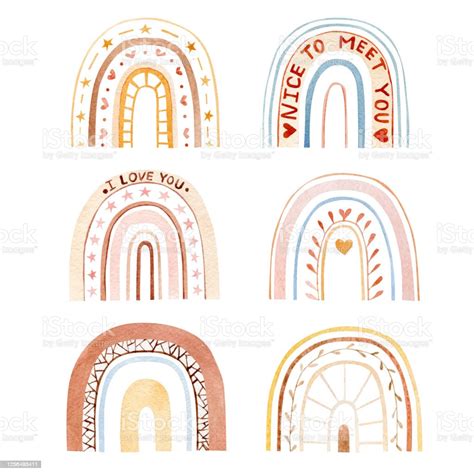 수채화 무지개와 문자 손으로 그린 무지개 세트 의류 귀여운 로고 베이비 샤워 아기 보육 Décor아프리카 어린이 인쇄 0명에 대한 스톡 벡터 아트 및 기타 이미지