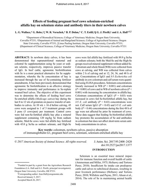 Pdf Effects Of Feeding Pregnant Beef Cows Selenium Enriched Alfalfa Hay On Selenium Status And