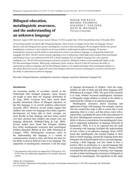 Pdf Bilingual Education Metalinguistic Awareness And The Understanding Of An Unknown Language
