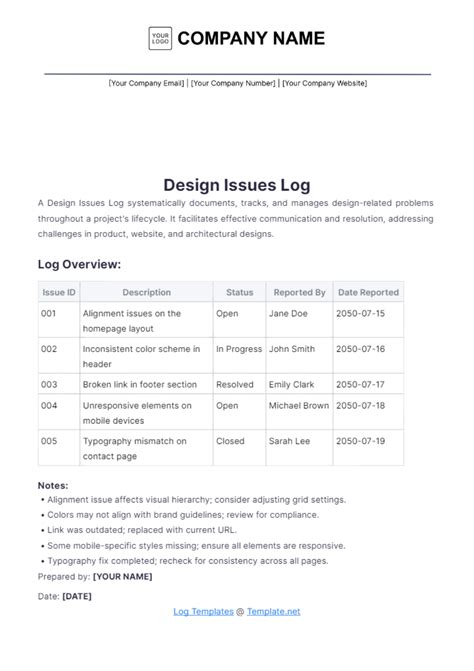 Free Design Issues Log Template To Edit Online