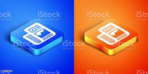 파란색과 주황색 배경에서 격리된 Isometric 비즈니스 재무 보고서 아이콘입니다 감사 및 분석 문서 계획 기호 정사각형 버튼입니다 벡터 3차원 형태에 대한 스톡 벡터