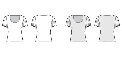 허리 길이 아래 라운드 네크 라인이 편안한 착용감이 있는 쇼트 서클 슬리브 테크니컬 패션 일러스트가 돋보이는 탑 플랫 0명에 대한 스톡 벡터 아트 및 기타 이미지 Istock