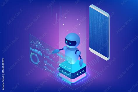 isometric ai chatbot robot interacting with holographic data dashboards above a smartphone neon
