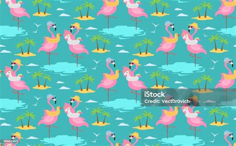 귀여운 재미 있는 핑크 플라밍고 조류 커플 열대 낙원 휴가 재미있는 여름과 해변 휴가 휴일 원활한 패턴 벡터 일러스트 레이션