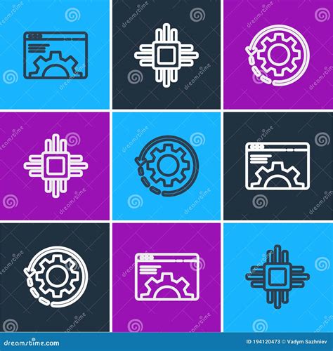 set line browser setting gear and arrows as workflow and processor with microcircuits cpu icon