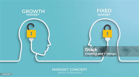 비즈니스 마인드 개념 성장 마인드셋 Vs 고정 마인드셋 긍정적 사고와 부정적 사고의 차이 안에 자물쇠가 있는 인간의 머리 벡터 일러스트 레이 션 감정에 대한 스톡 벡터 아트