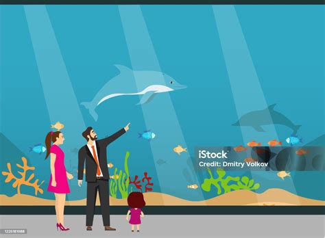 아이들을 동반한 어린 가족인 오세나리움은 수족관에서 물고기를 검사합니다 수족관의 수중 세계 벡터 그림입니다 벡터 가족에 대한 스톡 벡터 아트 및 기타 이미지 Istock