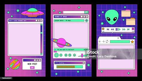 선형 증기파 Ig 이야기 템플릿 소셜 미디어 세트 디자인 추상 복고풍의 미적 그루비 배경팩 80 년대 90 년대 스타일 Ufo 외계인 공간 별 행성 복고풍 Pc 윈도우