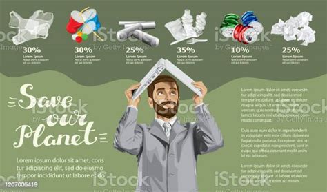 벡터 정보 차트 또는 인포그래픽 다른 재활용 쓰레기의 개념 적 이미지 노트북과 비문을 가진 남자는 우리의 지구를 저장 가방에