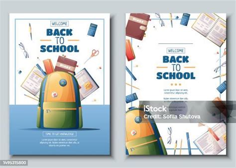 학교 배낭 책 교과서가 있는 전단지 템플릿 세트 학교 시간 학교로 돌아가기 교육 전단지 포스터 배너 크기 A 4 신학기에 대한 스톡 벡터 아트 및 기타 이미지 Istock
