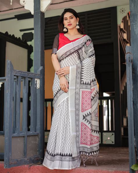 White Digital Printed Linen Cotton Saree Summer Special Casual And Off