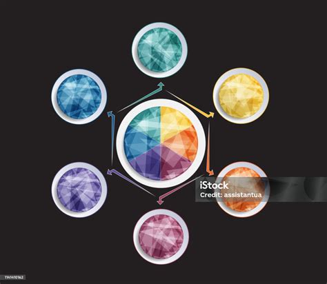 삼각형 다각형 다채로운 동그라미 템플릿 인포 그래픽 6 텍스트 영역에 대 한 위치입니다 0명에 대한 스톡 벡터 아트 및 기타 이미지 0명 개념 개념과 주제 Istock