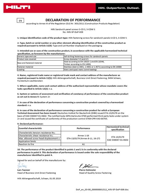 Sandwich Panel Declaration Of Performance Hilti Sf Dop 009 En Declaration Of Performance Pdf