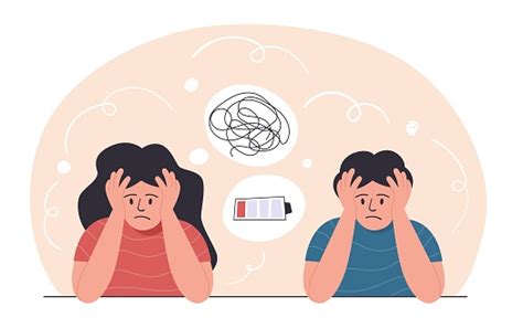 피곤한 사람들의 개념 머리에 손을 얹은 젊은 남녀 에너지가 부족한 직원 머리에 혼돈 직장에서의 어려움 정서적 소진 및 스트레스 불쌍한 시간 관리 벡터 그림입니다 Mental