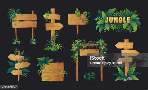 만화 게임 보드 숲 나무 요소 Ui 텍스트 아이콘 귀여운 트로픽 배너 인터페이스 식물 프레임 빈 목재 광고판 포인터 간판 잎 또는 덩굴 식물 벡터 간판 세트 우림에 대한
