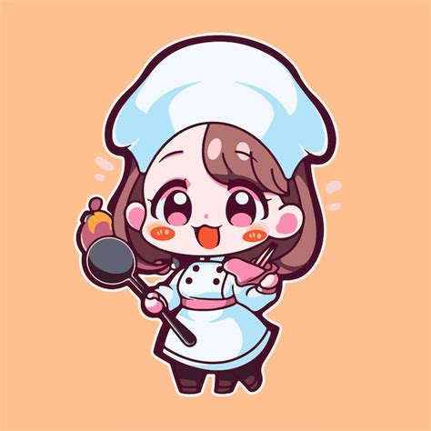 프라이팬을 들고 있는 귀여운 요리사 소녀의 귀여운 만화 캐릭터 프리미엄 벡터