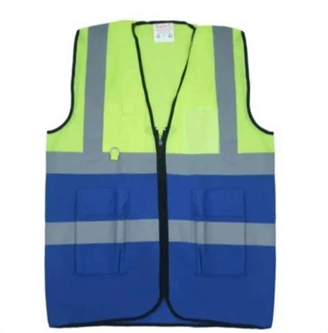 Without Sleeves Plain Green And Blue Safety Jacket For Construction