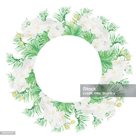 야자수 잎과 흰 난초 꽃의 열대 화환 프레임 이국적인 스타일의 웨딩 템플릿 녹색 정글 단풍 인사말 카드 결혼식에 대한 스톡 벡터