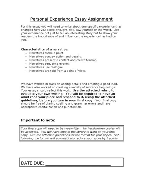Personal Experience Essay Assignment Essays Narrative