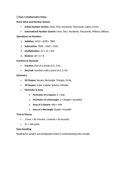 Class 5 Mathematics Notes Pdf