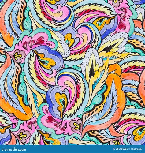 Psychedelic Ornamental Pattern Watercolor Hand Drawn Texture With Floral And Botanical Ornate