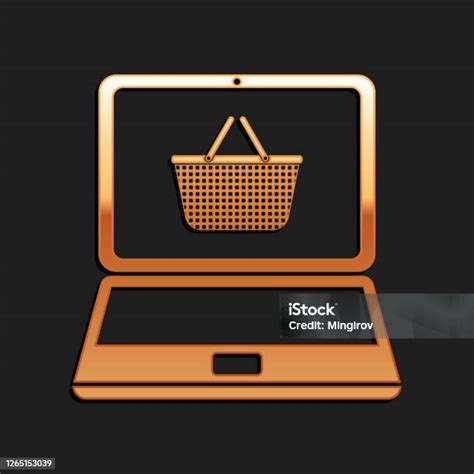 검은 색 배경에 고립 된 골드 휴대 전화 및 쇼핑 바구니 아이콘 온라인 구매 기호 슈퍼마켓 바구니 기호 긴 그림자 스타일 벡터 개념에 대한 스톡 벡터 아트 및 기타 이미지