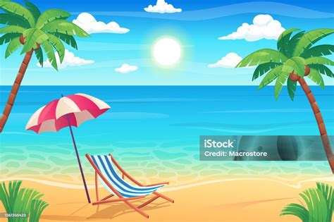 플랫 만화 디자인의 열대 섬 개념에 여름 휴식 코코넛 야자수가 있는 샌디 비치 우산 바다 또는 바다 해안이 있는 일광욕용 침대 목가적인 바다 풍경 벡터 일러스트 배경 해변에