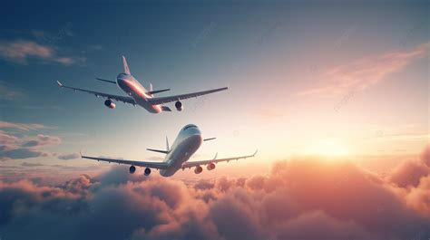 해질녘 구름 위 하늘을 나는 두 대의 비행기 Cloud2 3d 렌더링의 배경에 하늘에 있는 두 대의 비행기의 3d 그림 고화질 사진 사진 항공기 배경 일러스트 및 사진