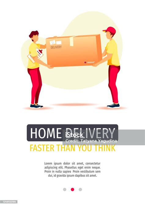 배달 서비스 온라인 주문 배달원 화물 운송을 위한 전단지 설계 큰 상자를 들고 배달 남자 A4 용지에 대한 스톡 벡터 아트 및 기타 이미지 Istock