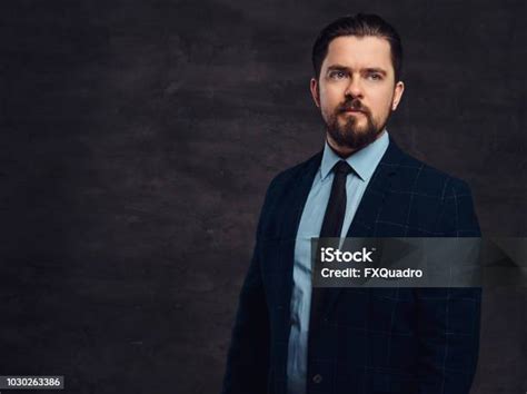 수염과 헤어스타일와 잘생긴 중 년 남자의 클로 우즈 업 초상화 우아한 정장 양복 입고 스튜디오에서 질감 어두운 배경에 고립 고풍