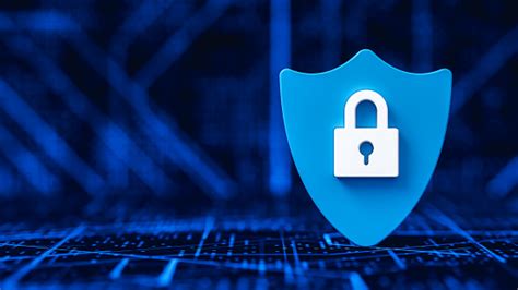 방패와 흰색 자물쇠가 있는 파란색 기술 스테이지 정보 보안 및 데이터 관리 테마 3차원 형태에 대한 스톡 사진 및 기타 이미지 3차원 형태 Cpu 가상현실 Istock