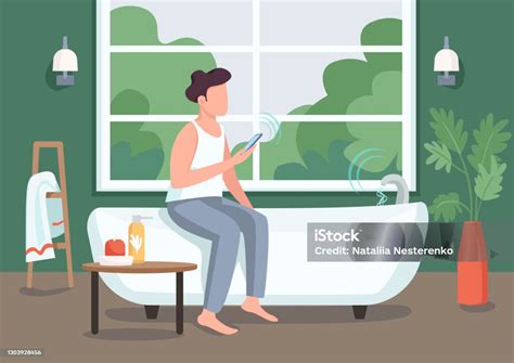 똑똑한 욕실 플랫 컬러 벡터 일러스트에 남자 배경에 자동 욕조와 스마트 폰 2d 만화 캐릭터를 가진 젊은 남자 원격 물 흐름 제어 삶의 혁신적인 기술 욕조에 대한 스톡 벡터