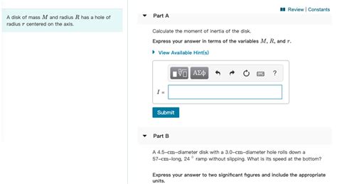 Solved Review Constants Part A A Disk Of Mass M And Radius Chegg Com