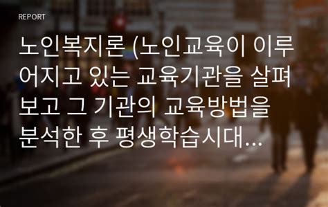 노인복지론 노인교육이 이루어지고 있는 교육기관을 살펴보고 그 기관의 교육방법을 분석한 후 평생학습시대와 연계하여 바람직한 노년기 학습에 대한 대안을 제시하시오 레포트