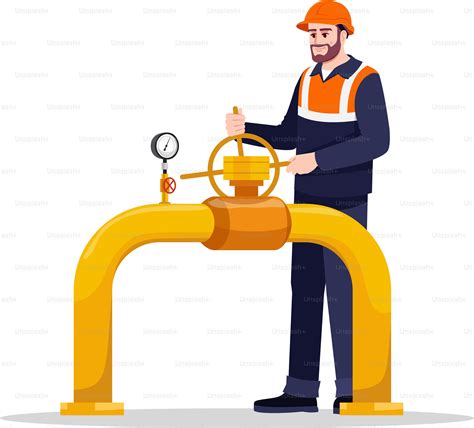 파이프라인 수리 세미 플랫 Rgb 컬러 벡터 그림입니다 가스맨이 일하고 있습니다 연료 생산 및 운송 가스 산업 남성 노동자는 흰색 배경에 만화 캐릭터를 고립시켰다 벡터