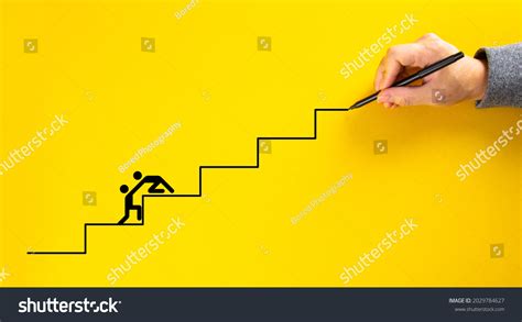 8 Businessman Hand Drawing Career Ladder On Yellow Background Images