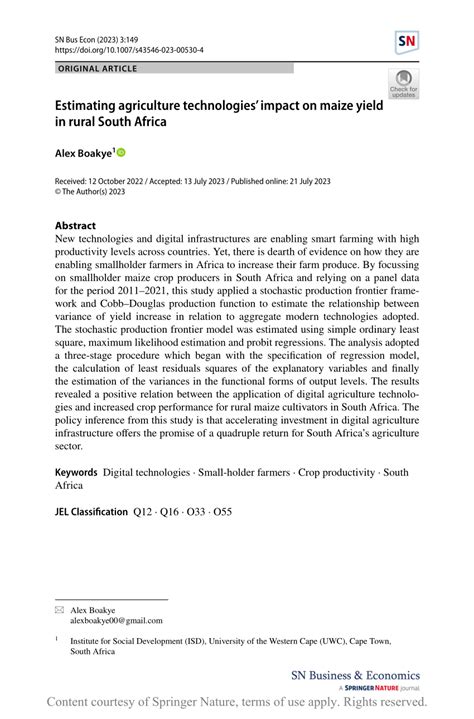 Pdf Estimating Agriculture Technologies Impact On Maize Yield In