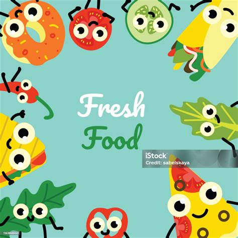 전체 식사와 야채 만화 캐릭터와 사각형 배너에 패스트 푸드 테두리 프레임의 벡터 그림 가득 찬에 대한 스톡 벡터 아트 및 기타 이미지 가득 찬 건강에 좋지 않은 음식