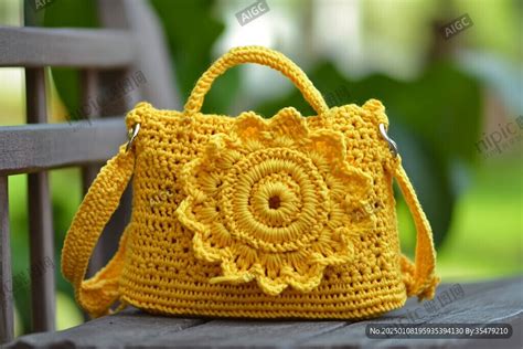Ai创作图花边包 手工编织包包 毛线包包 手织提包 黄色网袋 藤编手拎手工包 乡花手工包 编织包包 钩钩针摊点 手编袋 针织提包 编织包 编织绣花包 钩珠片 钩针编结花篮 昵图网