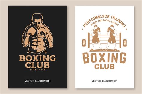 권투 클럽 배지 로고 디자인 세트 벡터 그림입니다 권투 스포츠 클럽 엠블럼 기호 패치 셔츠 템플릿 복고풍 포스터 복서 장갑 권투 줄넘기 신발 실루엣이 있는 배너 무술에 대한