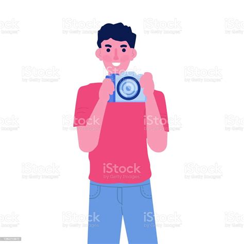 포토카메라 컨셉을 사용하여 포토그래퍼 또는 파파라치 캐릭터 벡터 플랫 스타일 일러스트레이션 각도에 대한 스톡 벡터 아트 및 기타